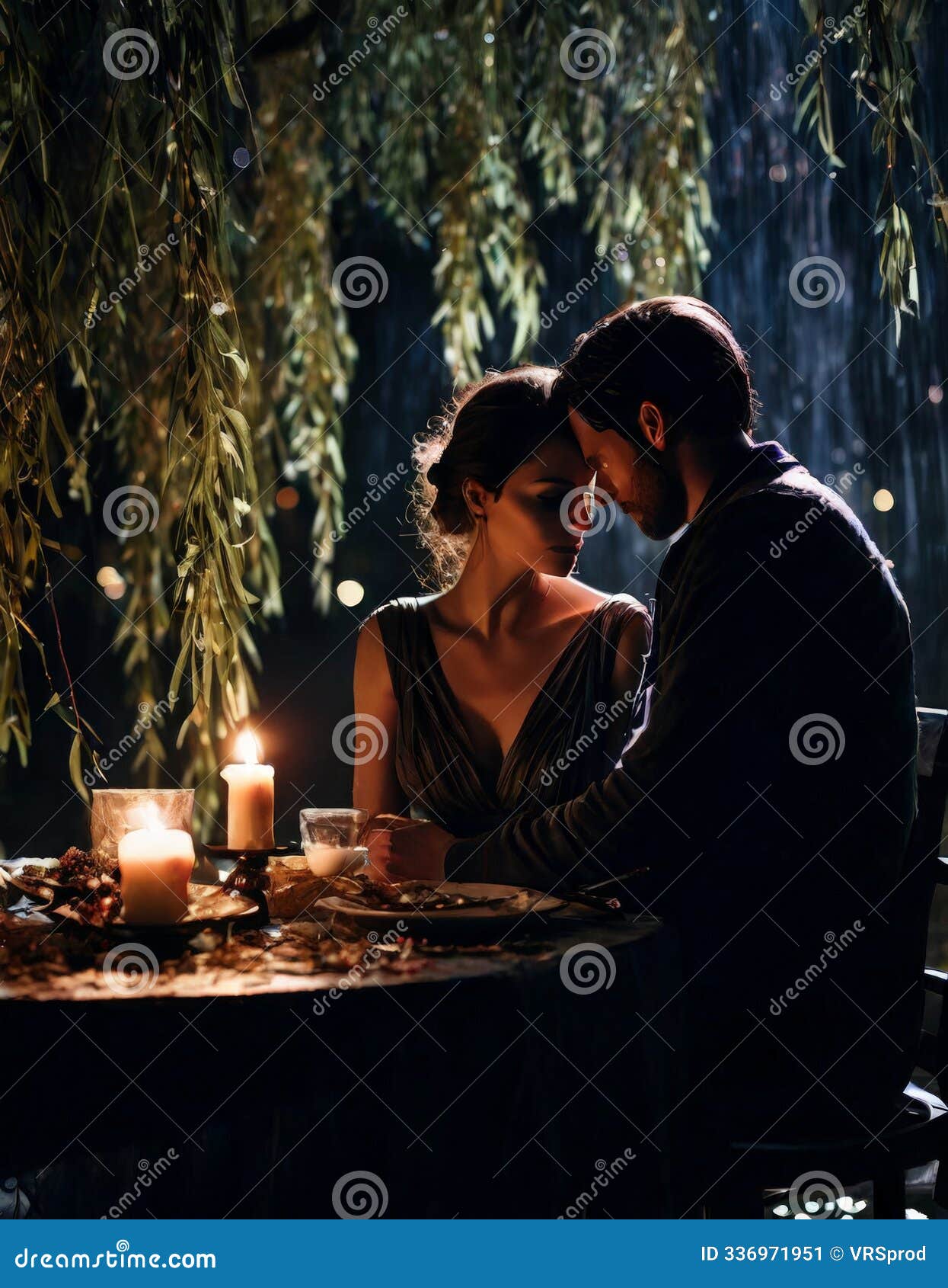 Romantic Candlelit Dinner Under Weeping Willow Stock Image - Image of ...
