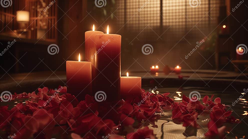 Intimate Spa Setting with Lit Candles and Red Petals for a Tranquil ...