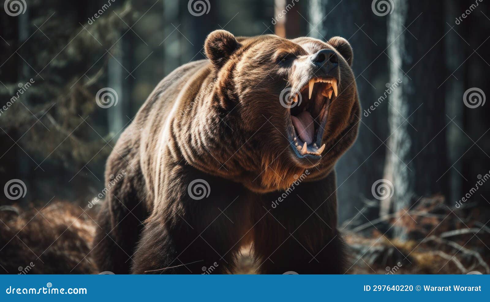 An Intimidating Brown Grizzly Bear Roaring Aggressively, Showcasing ...