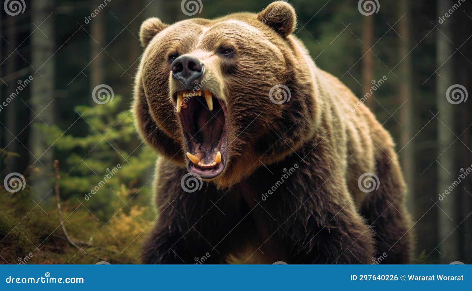 An Intimidating Brown Grizzly Bear Roaring Aggressively, Showcasing ...