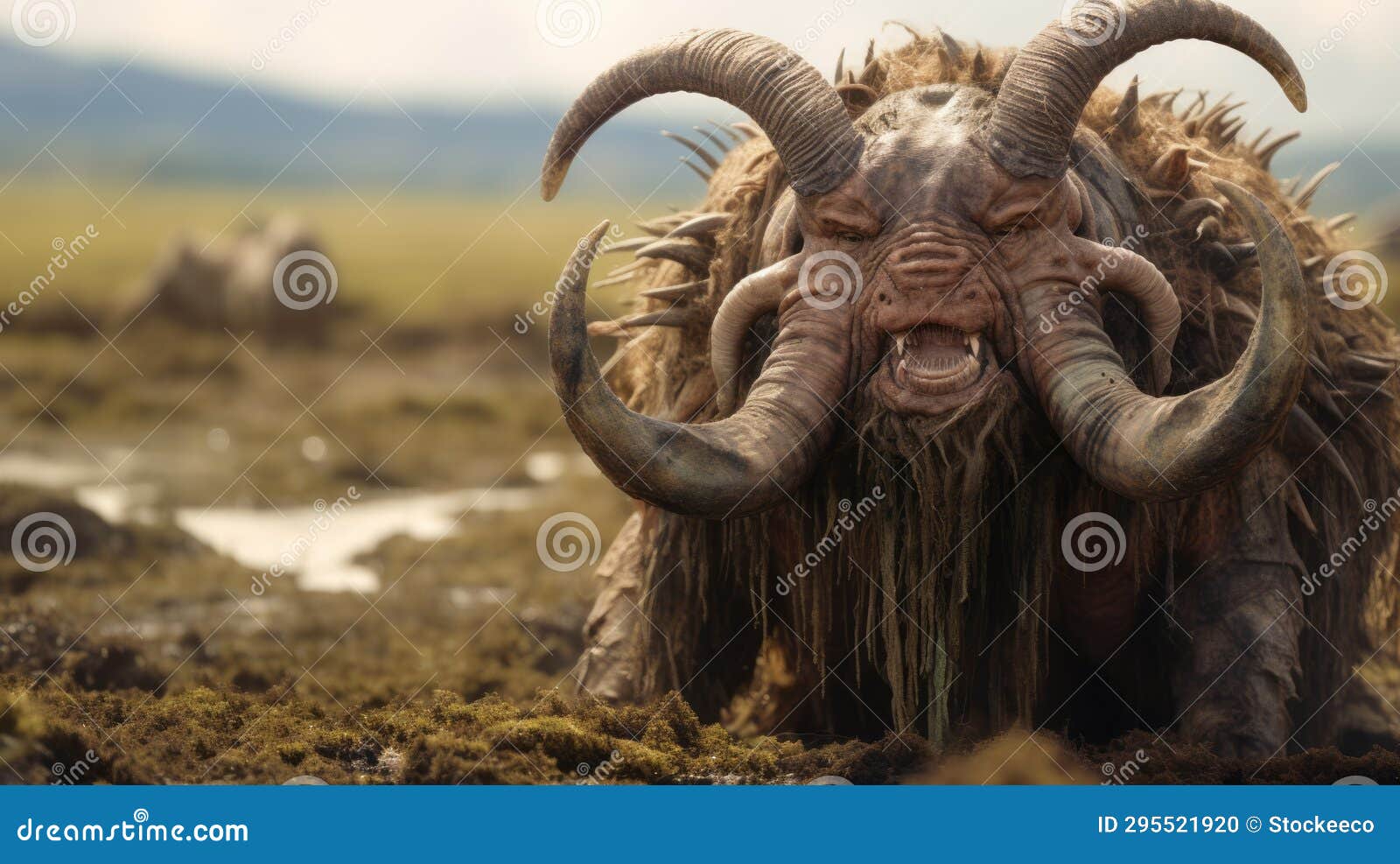 Intimidating Horned Creature in Himalayan Art Style on Desolate Field ...