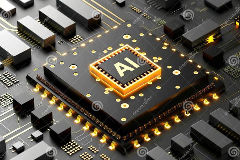 Intricate AI Microchip Illustration with Black and Gold Elements on a ...
