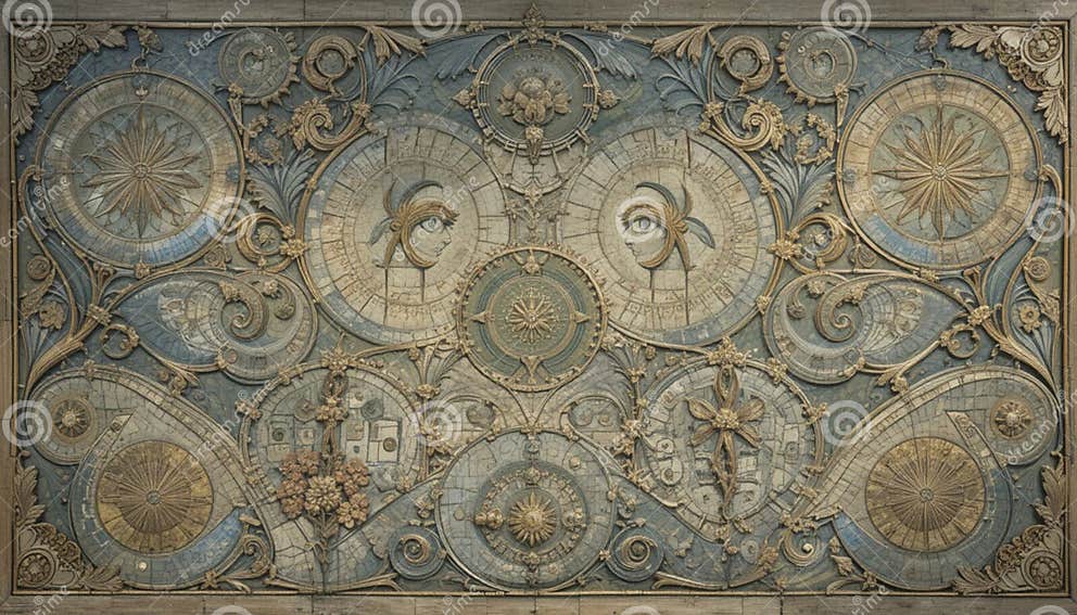 Intricate Bas-relief Artwork Featuring Celestial and Botanical Motifs ...