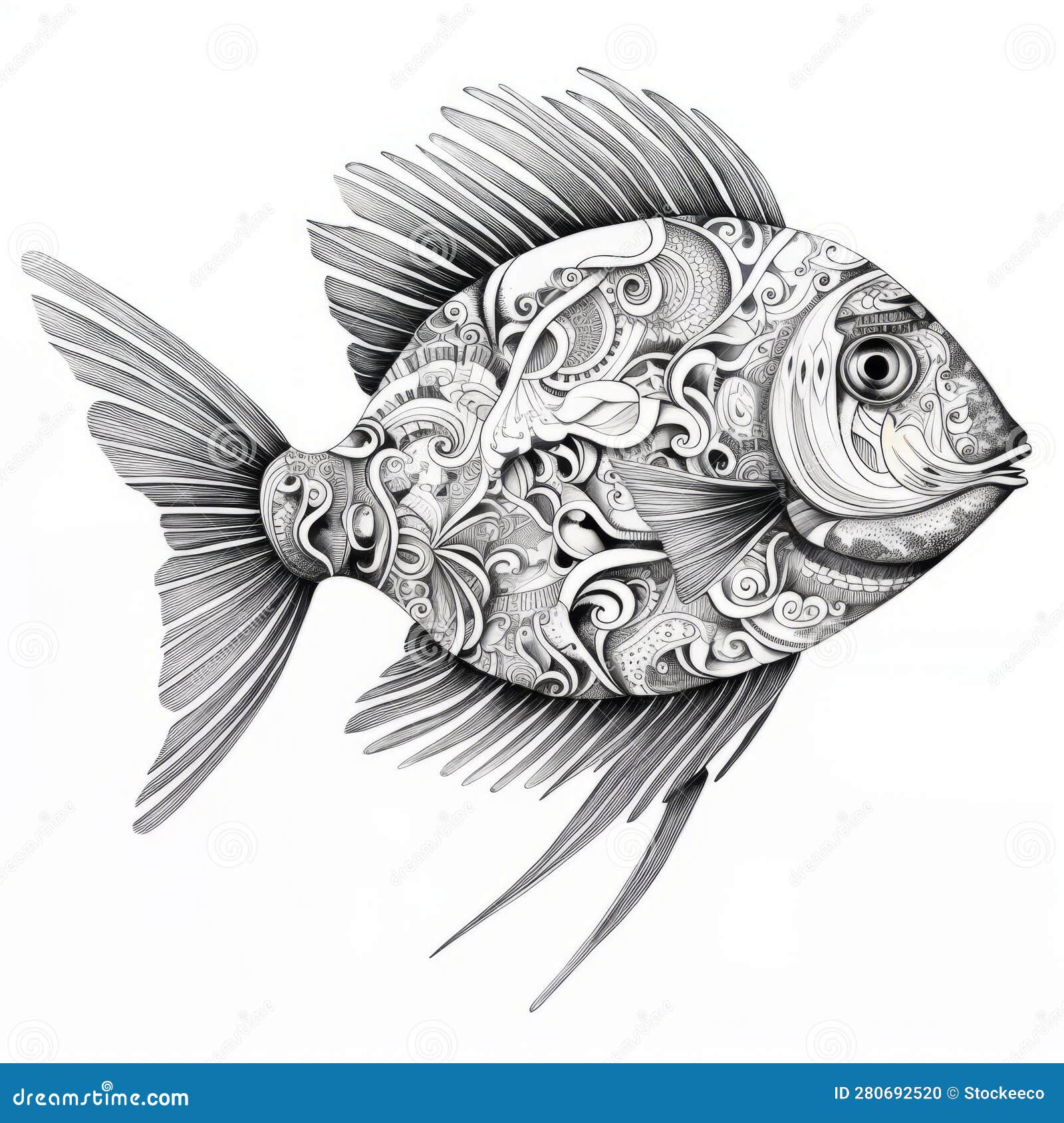 Intricate Black and White Pencil Drawing of a Patterned Fish Stock ...