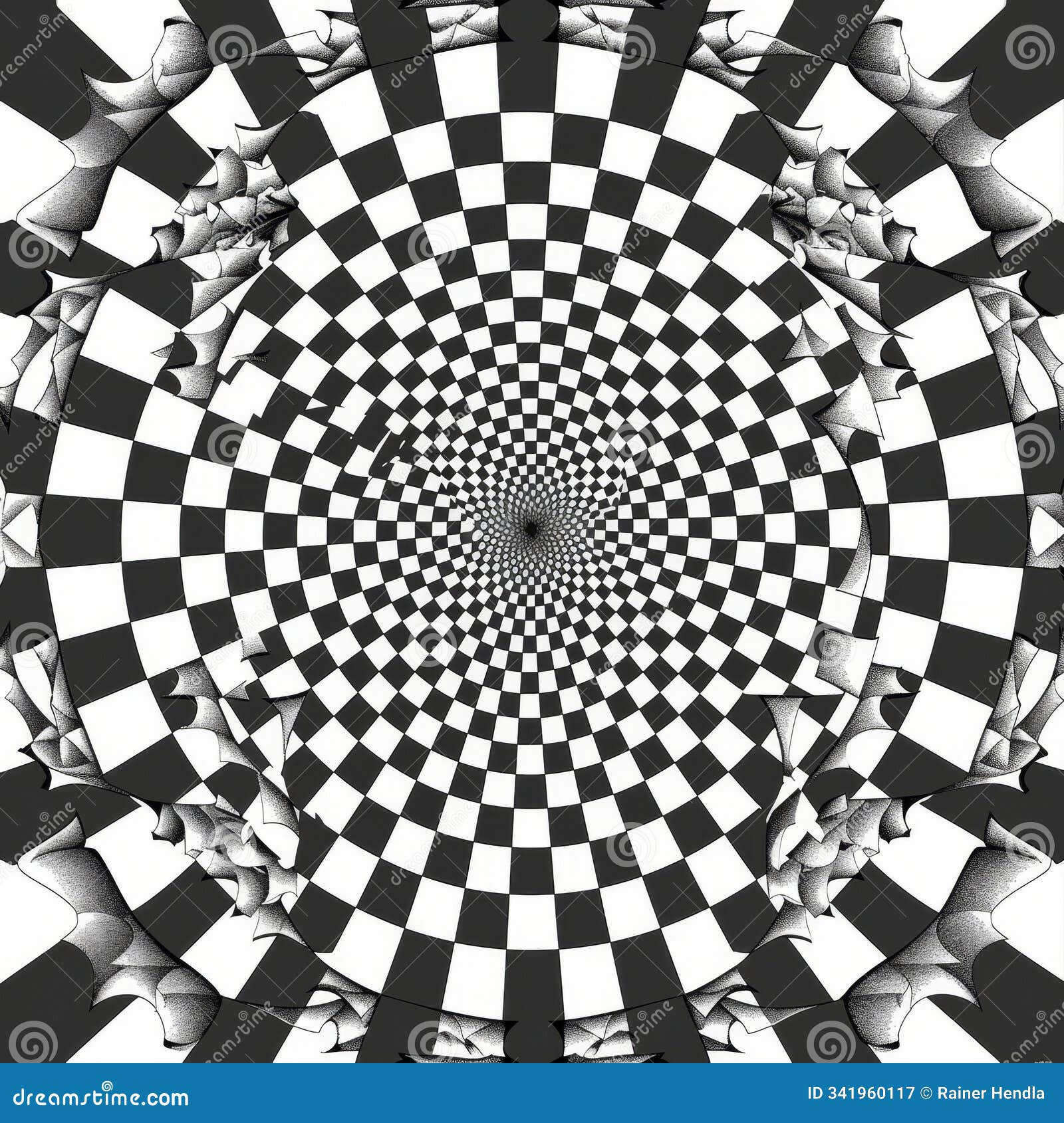 Intricate Black and White Spiral Design with Checkerboard Patterns and ...
