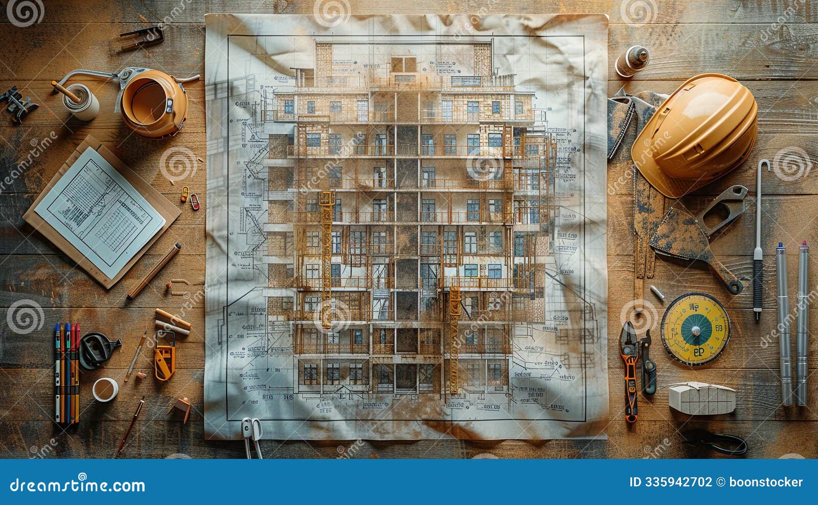 Intricate Building Model on Blueprint Surrounded by Design Tools. AI ...