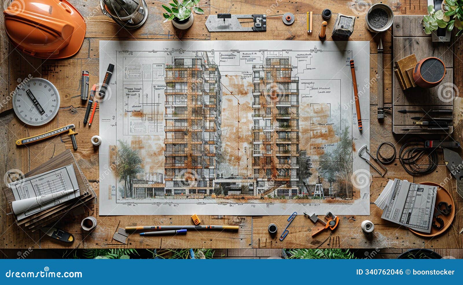 Intricate Building Model on Blueprint Surrounded by Design Tools. AI ...