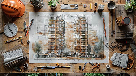 Intricate Building Model on Blueprint Surrounded by Design Tools. AI ...