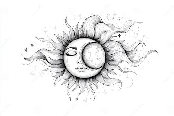 Intricate Celestial Art Featuring Sun and Moon with Human Faces Stock ...