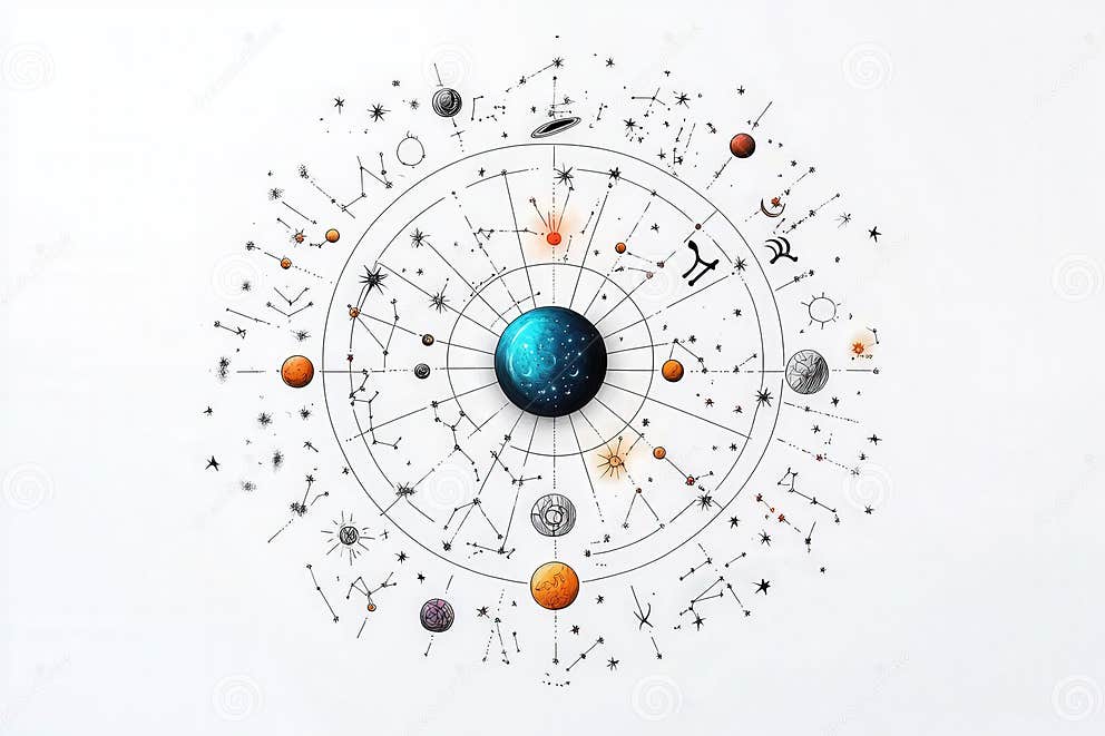 Intricate Celestial Map Featuring Planets, Constellations, and Zodiac ...