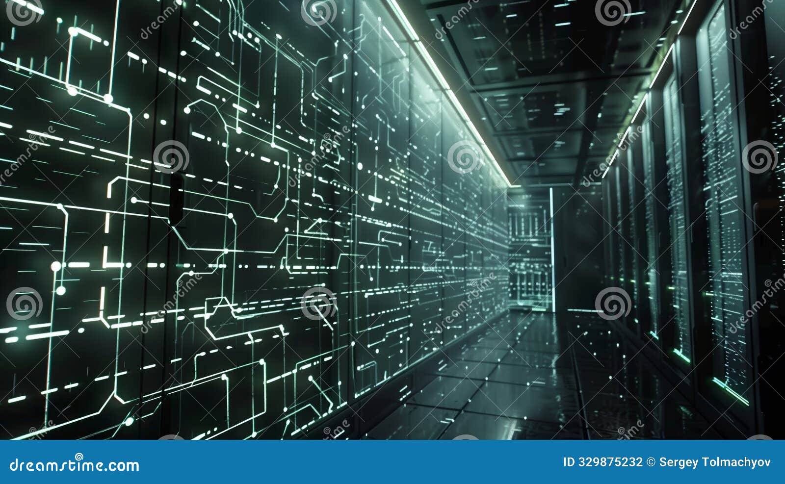 Intricate Circuit Patterns Illuminate a High-Tech Corridor in a Modern ...