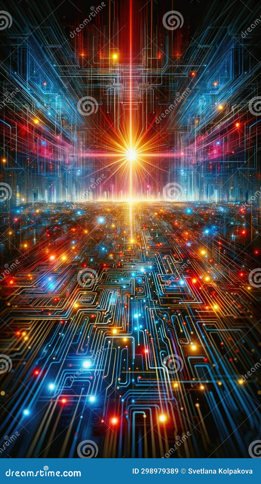 Intricate Circuitry and Luminous Data Streams Converging on a Central ...