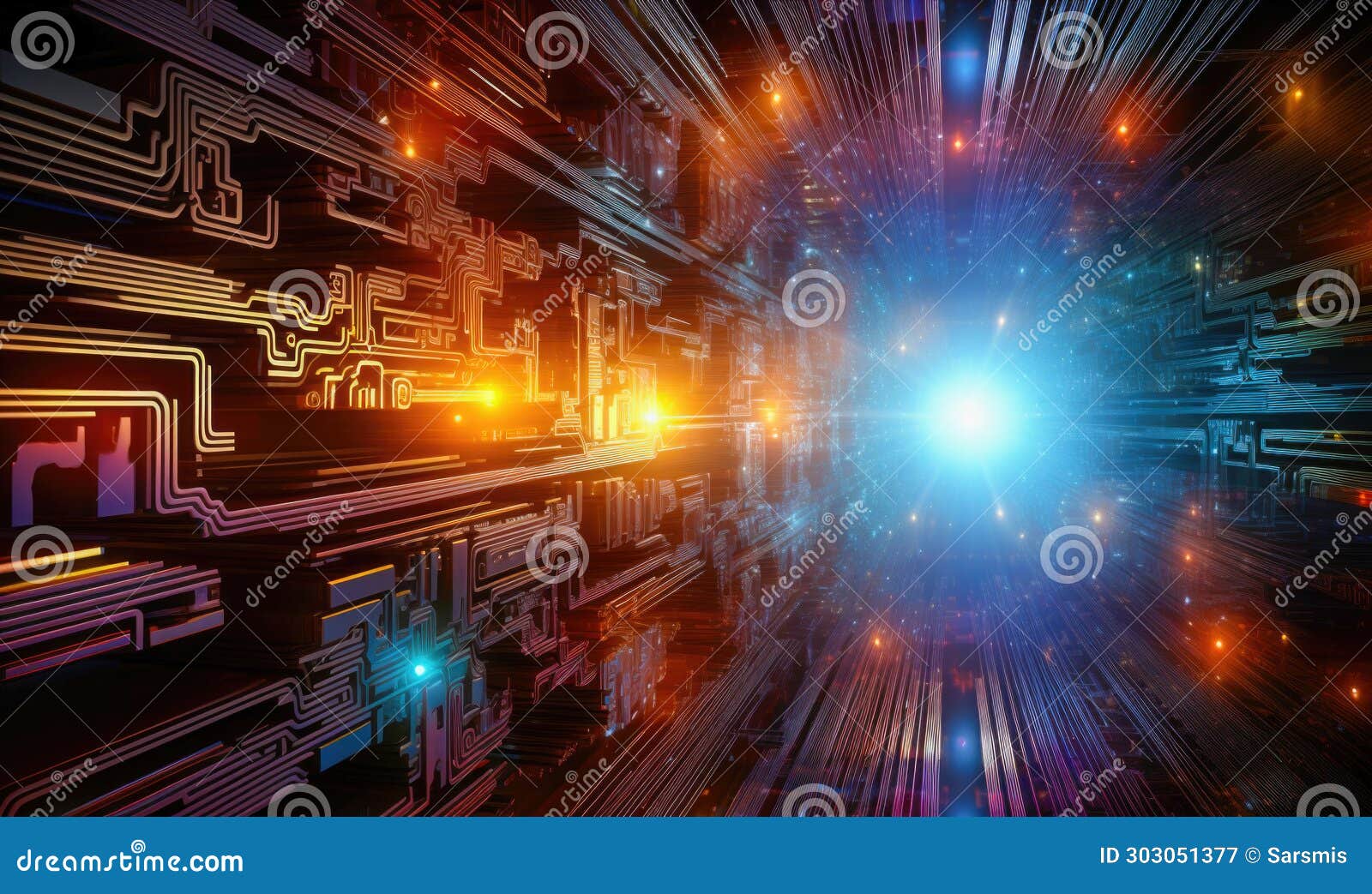 Intricate Circuitry and Luminous Data Streams Converging on a Central ...