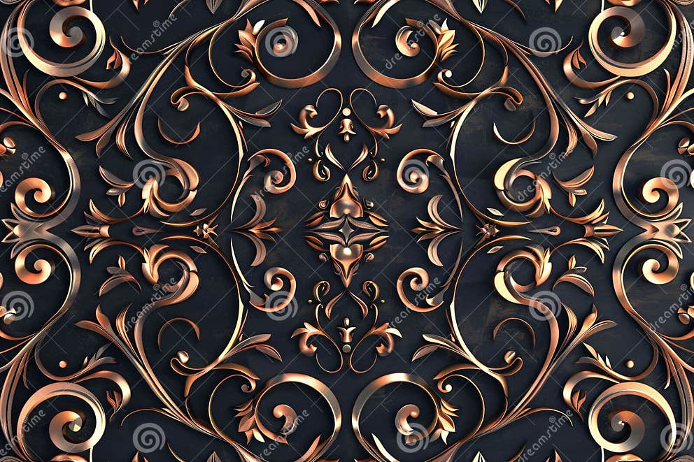 Intricate Copper Scrollwork Pattern on a Dark Background Stock Illustration - Illustration of ...