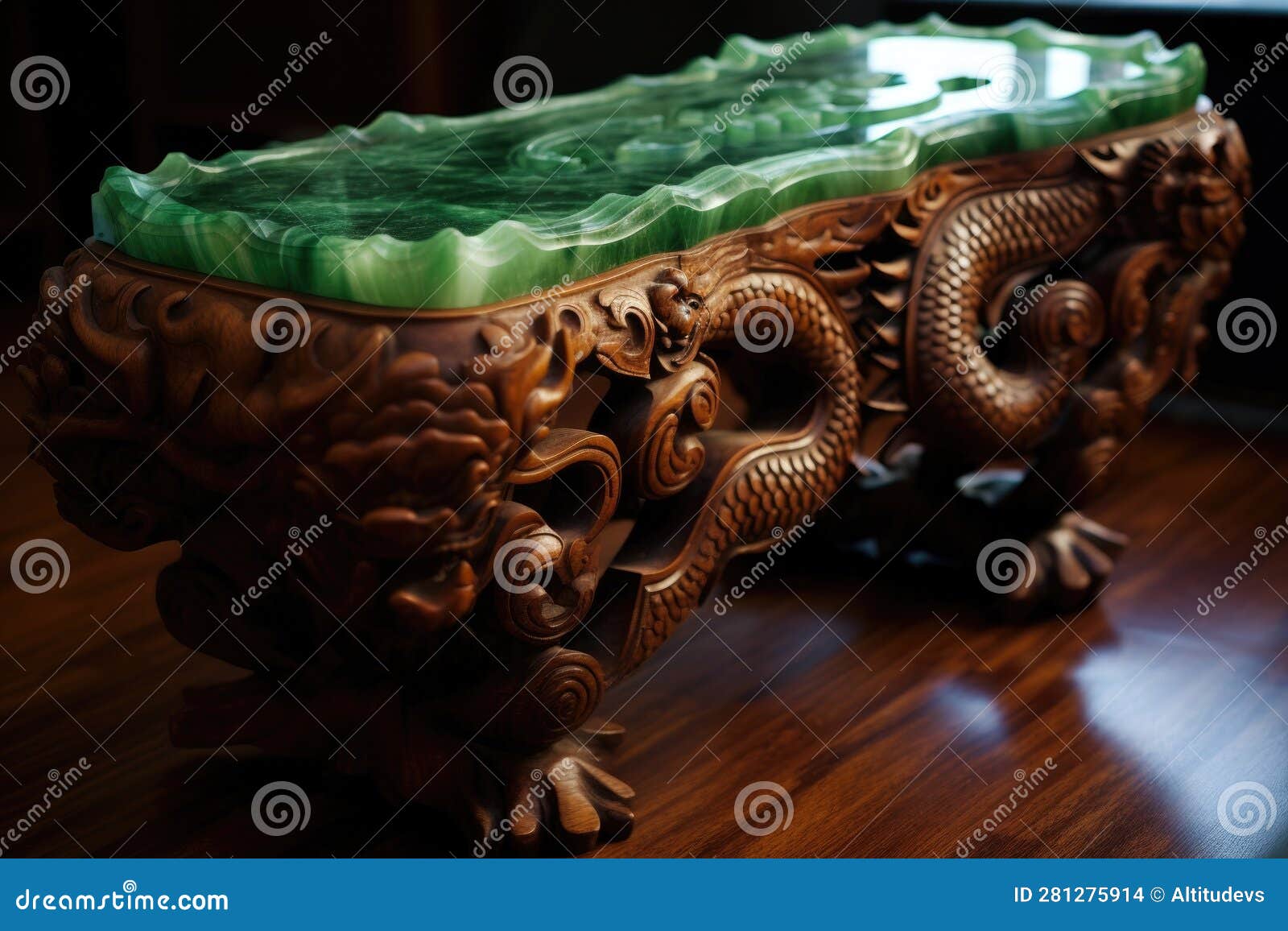 Intricate Dragon Jade Carving on Wooden Table Stock Illustration ...