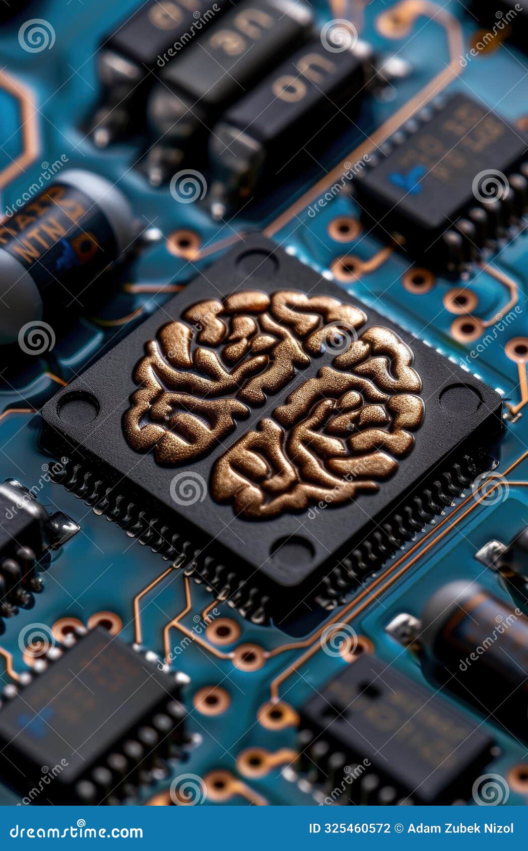 Intricate Electronic Circuit Board with Brain-shaped Component Stock ...