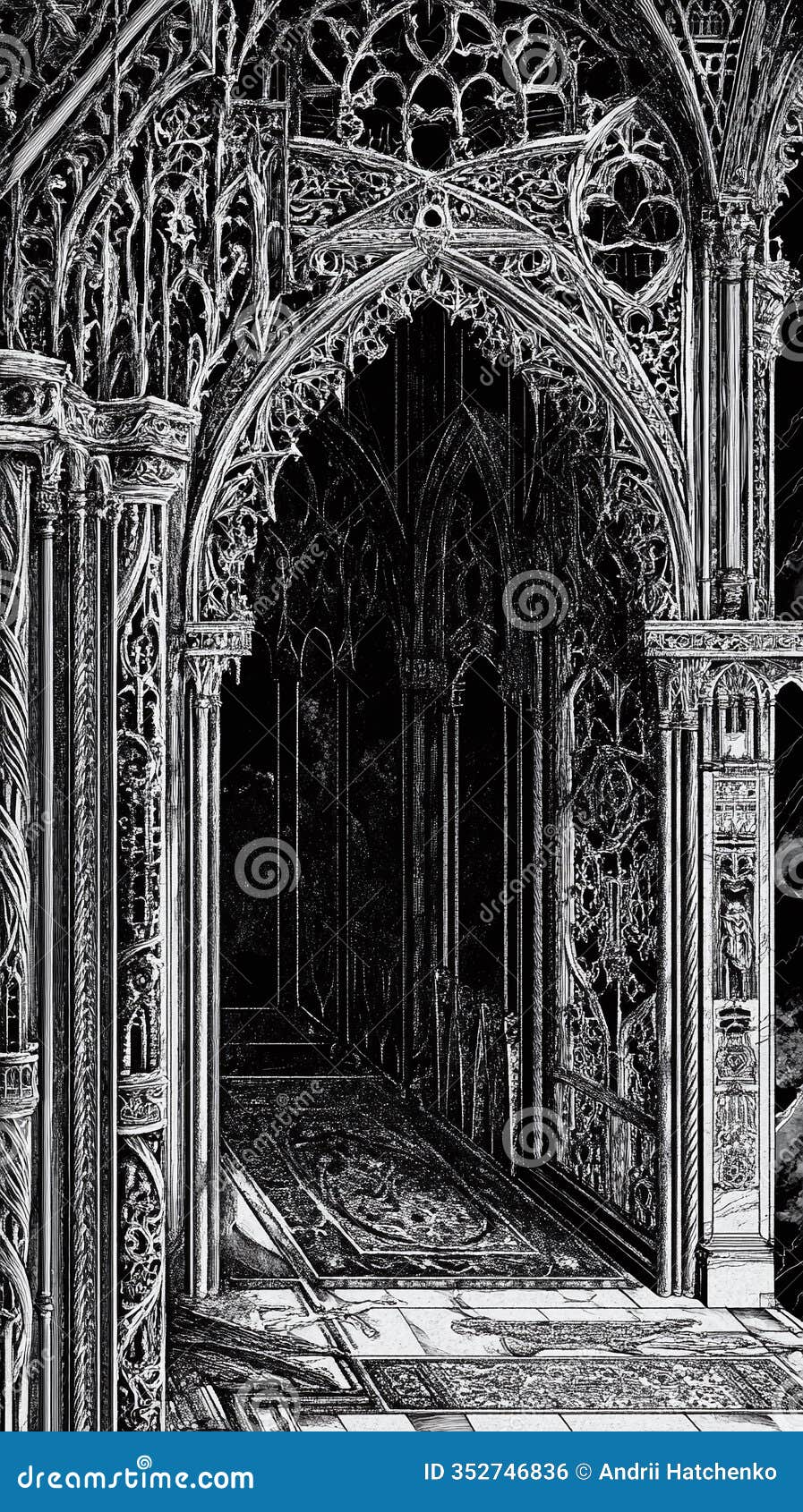 Intricate Engraving of a Medieval Castle Gate with Iron Details. Stock ...