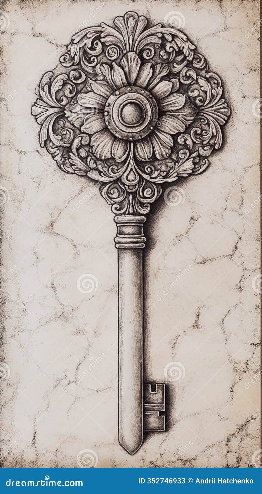 Intricate Engraving of a Victorian-style Key with Decorative Elements ...