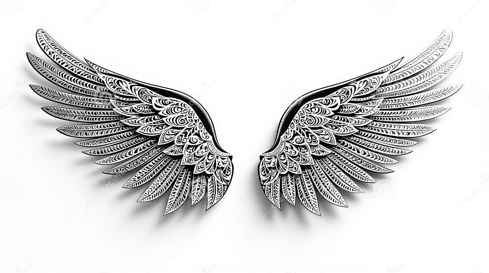 Intricate Feathered Wings Design Featuring Delicate Patterns on a Crisp ...
