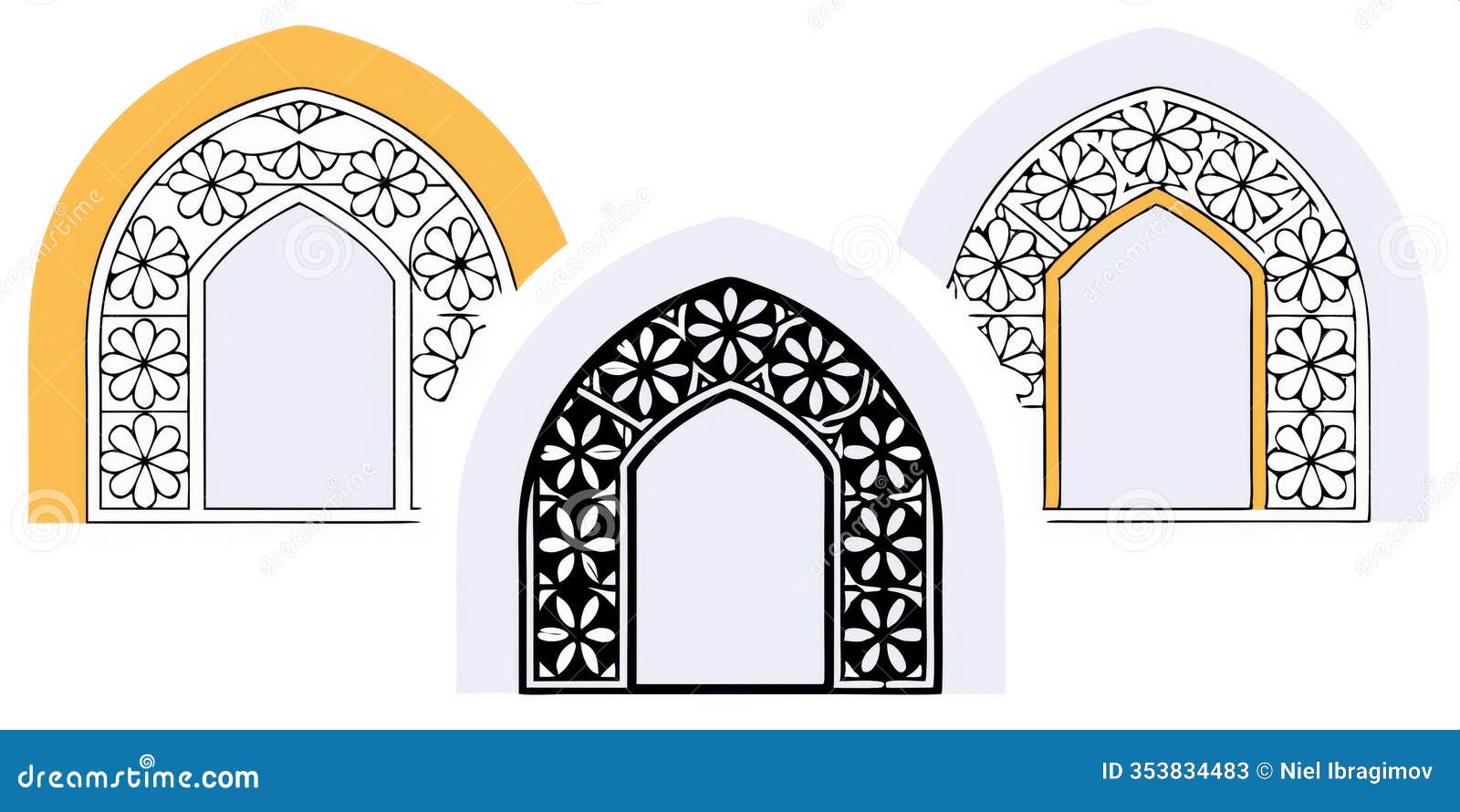 Intricate Floral Arch Designs: Black, Gold, and White Patterns on Three ...