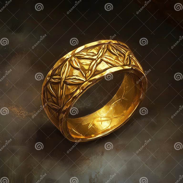 Intricate Gold Ring with Embossed Geometric Patterns on Rustic Surface ...