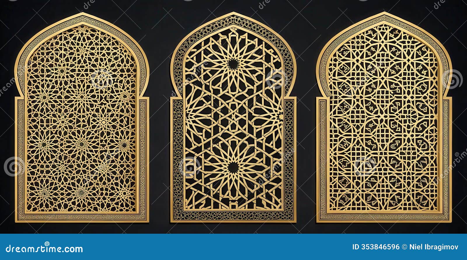 Intricate Golden Islamic Geometric Patterns on Black Background Stock ...
