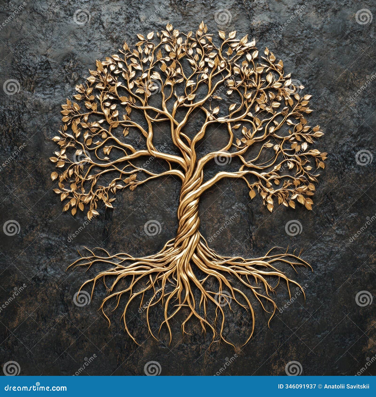 Intricate Golden Tree of Life Displays Intertwining Branches and Roots ...