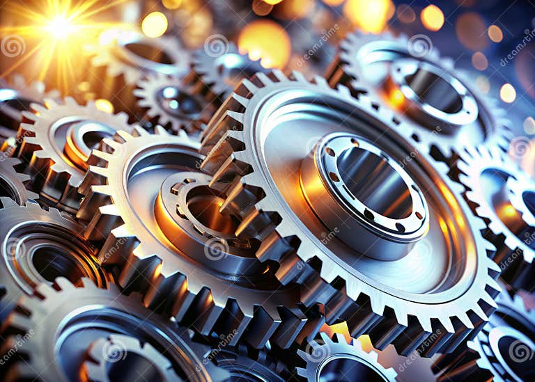 Intricate Interlocking Cogs on Reflective Surface a 3D Render of ...