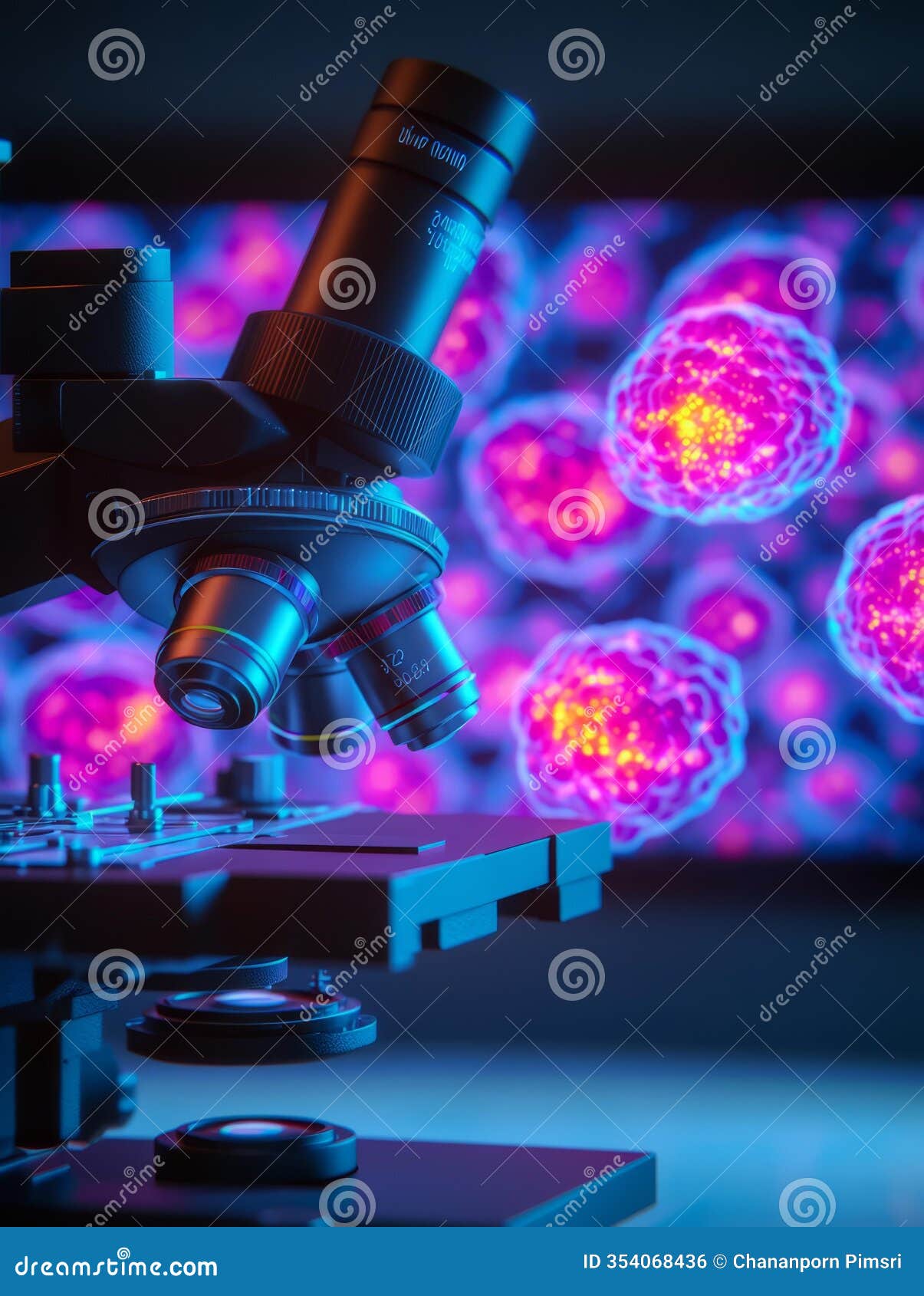 Intricate Laboratory Scene Featuring a Powerful Microscope Surrounded ...