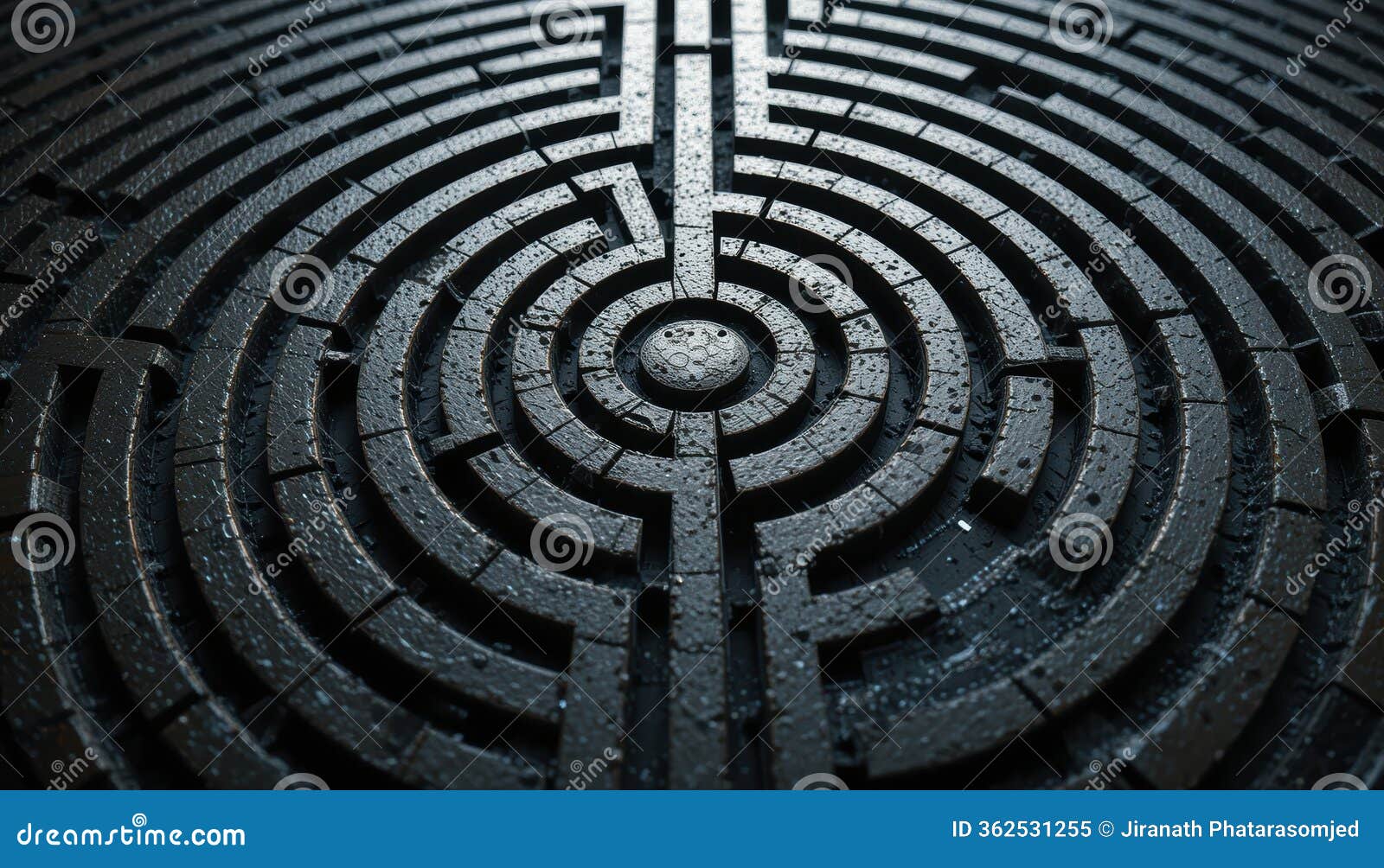 Intricate Labyrinth Design with Sleek Black Tiles and Raindrops in Dark ...