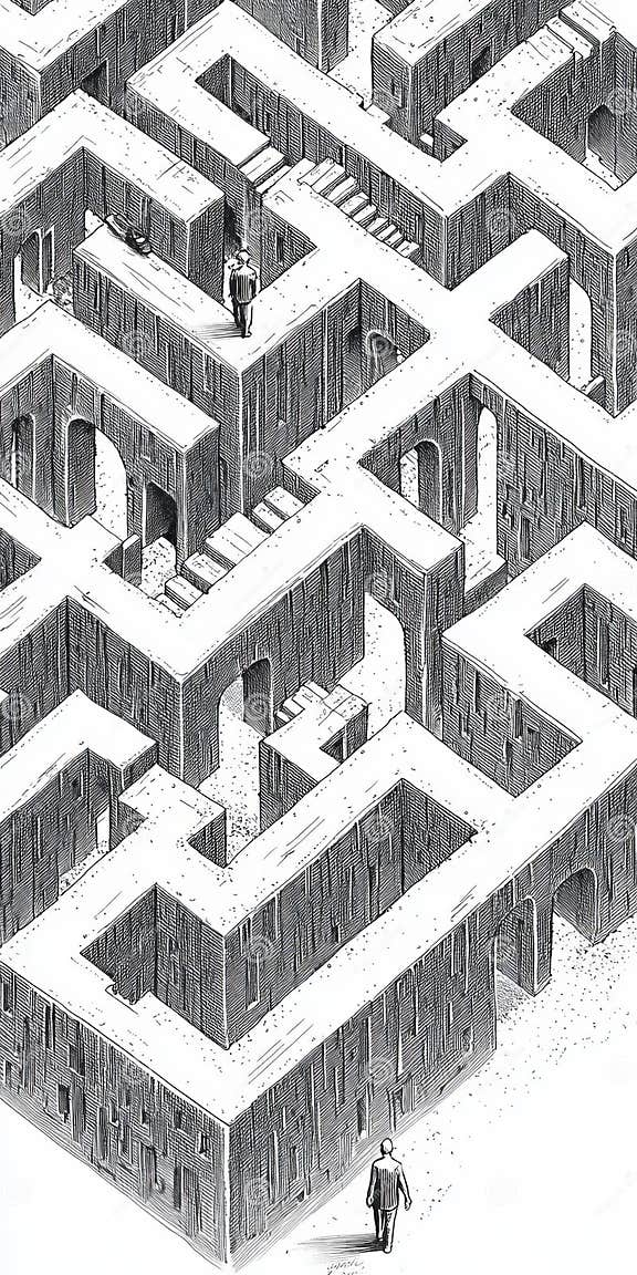Intricate Labyrinth with Two Figures Navigating a Complex Maze Stock ...