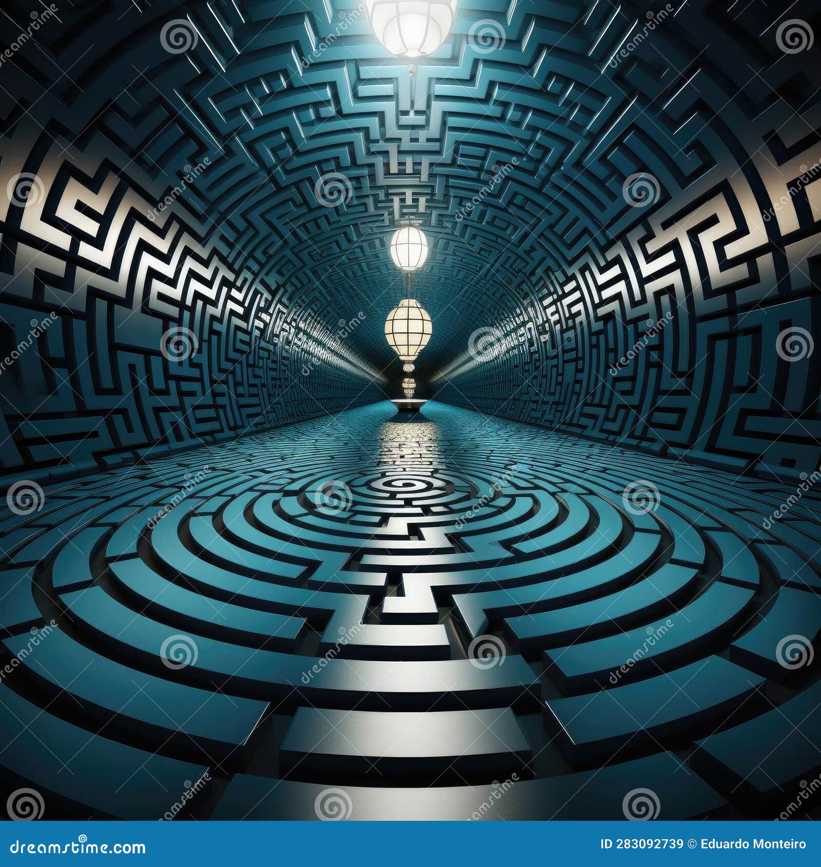 Intricate Labyrinths with Lights at the Center in Surrealistic Style ...