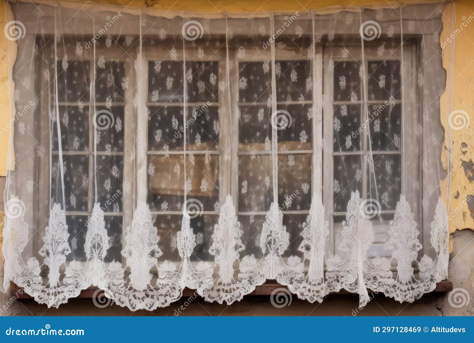 Intricate Lacework Curtains Billowing from a Village Window Stock Image ...