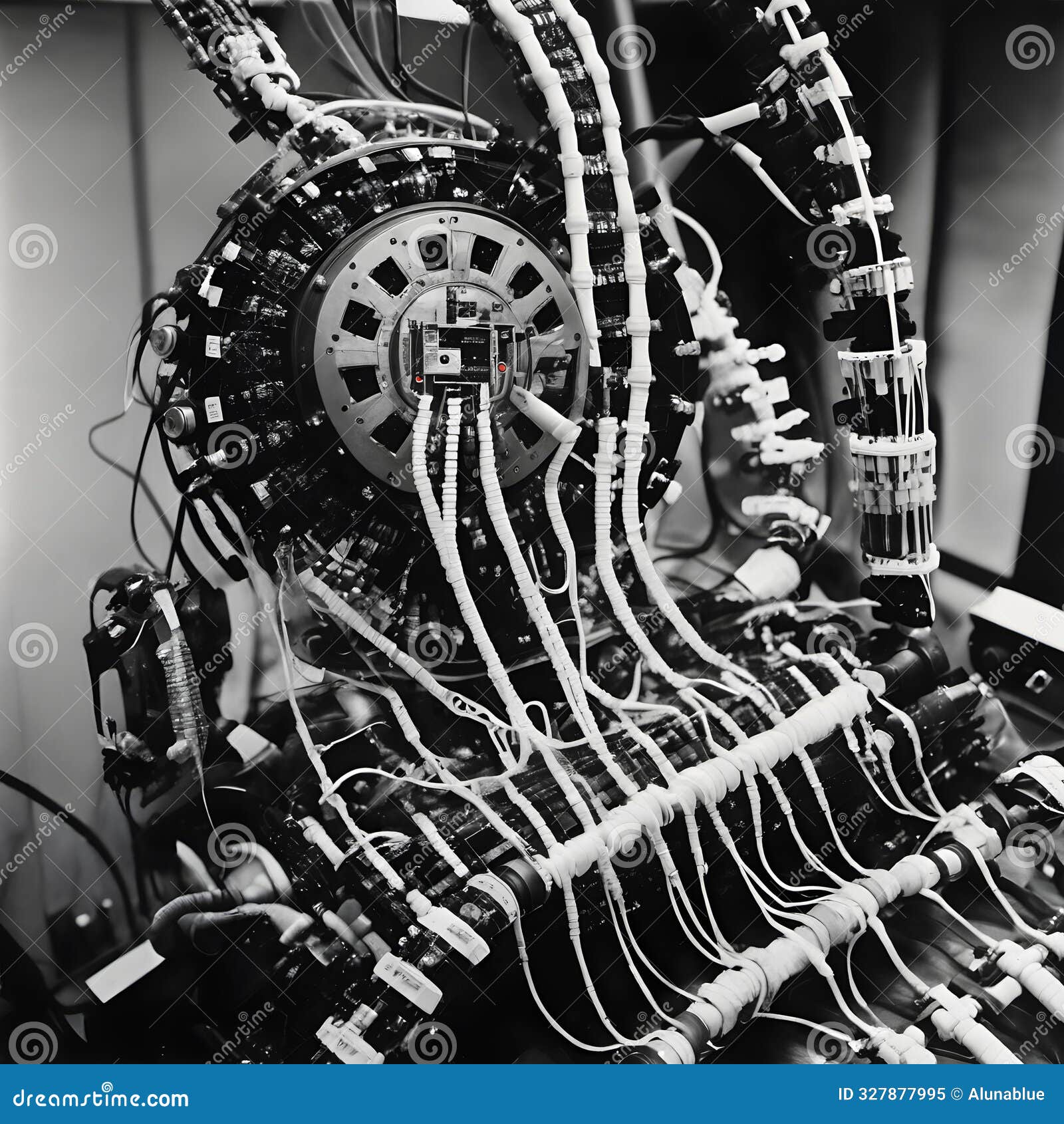 Intricate Machine Close-up with Cables and Circuits in Black and White ...