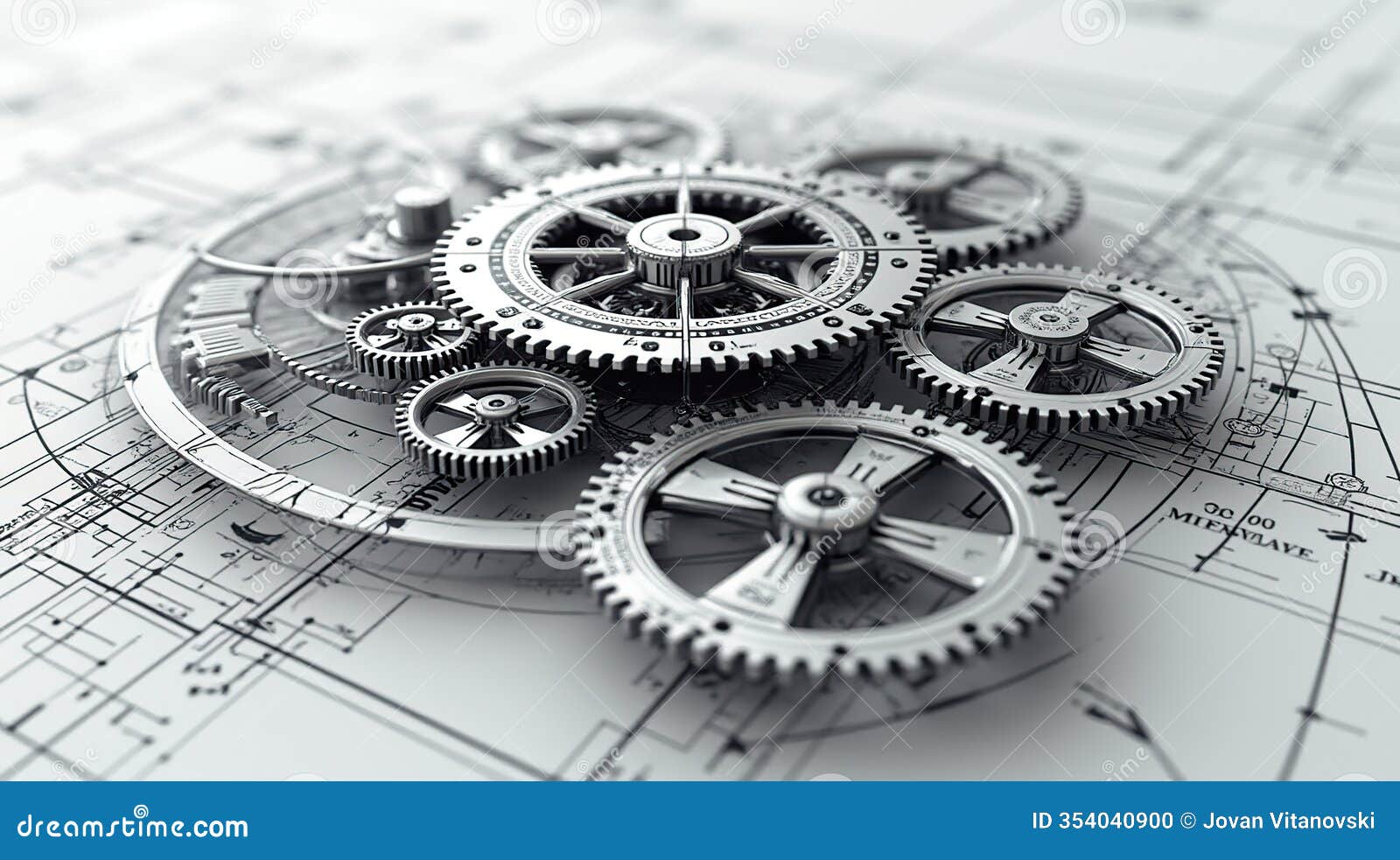 Intricate Mechanical Gear System Over Technical Blueprint with Circular ...