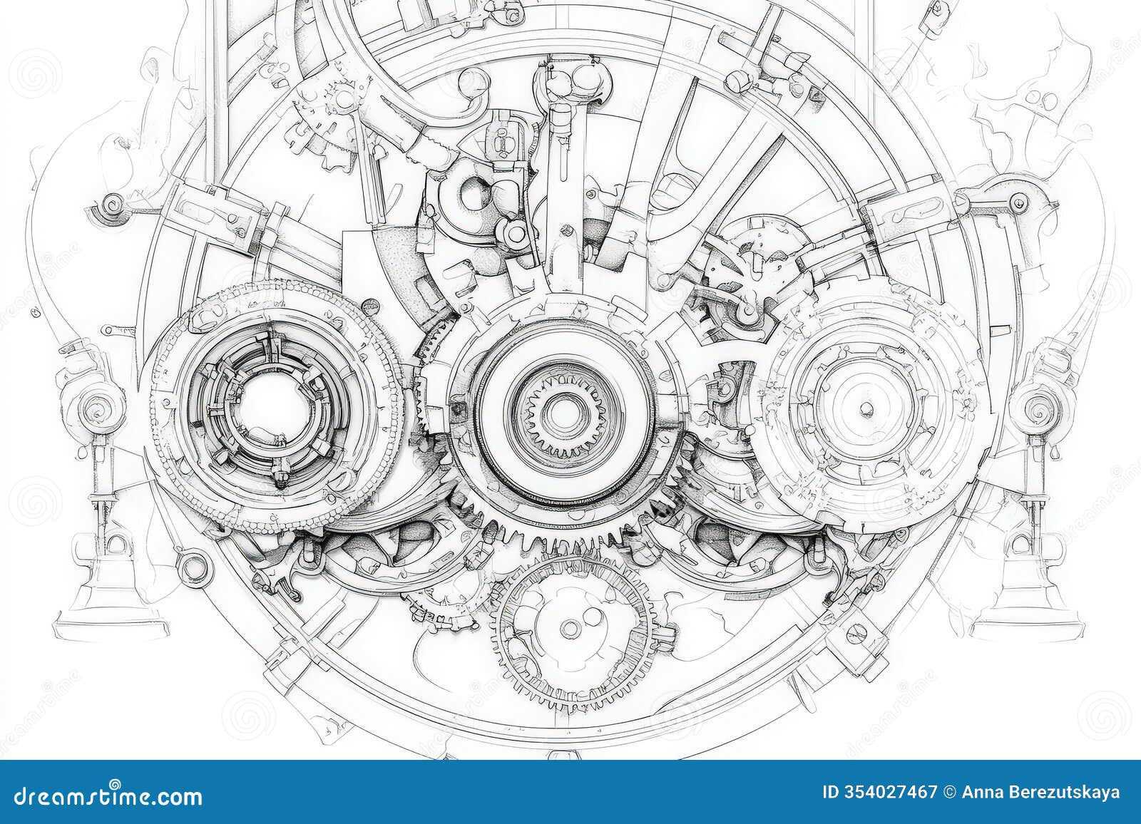 Intricate Mechanical Gears and Cogs in Detailed Line Art Design Stock ...