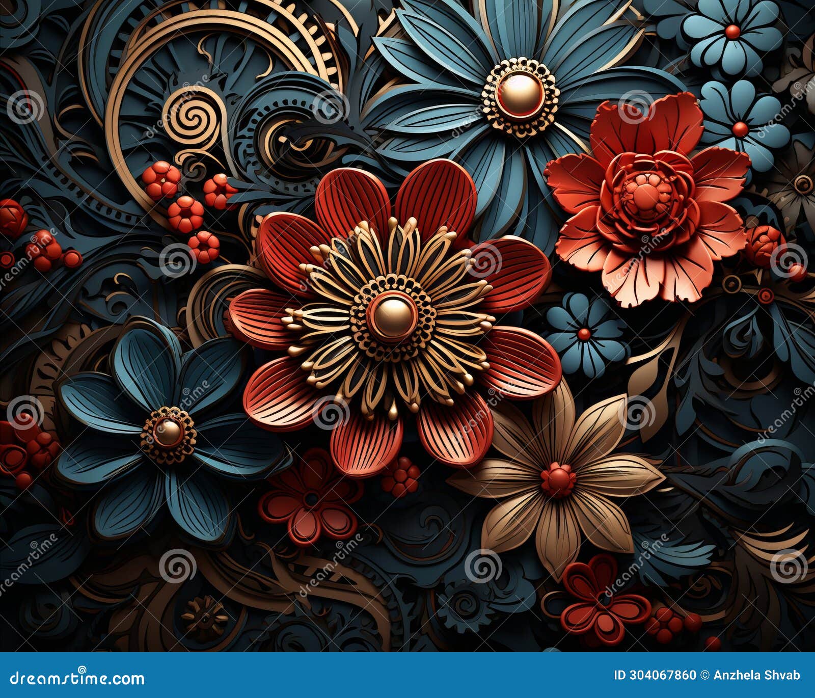 Intricate Metallic Relief Artwork with Abstract Red and Blue Motifs and ...