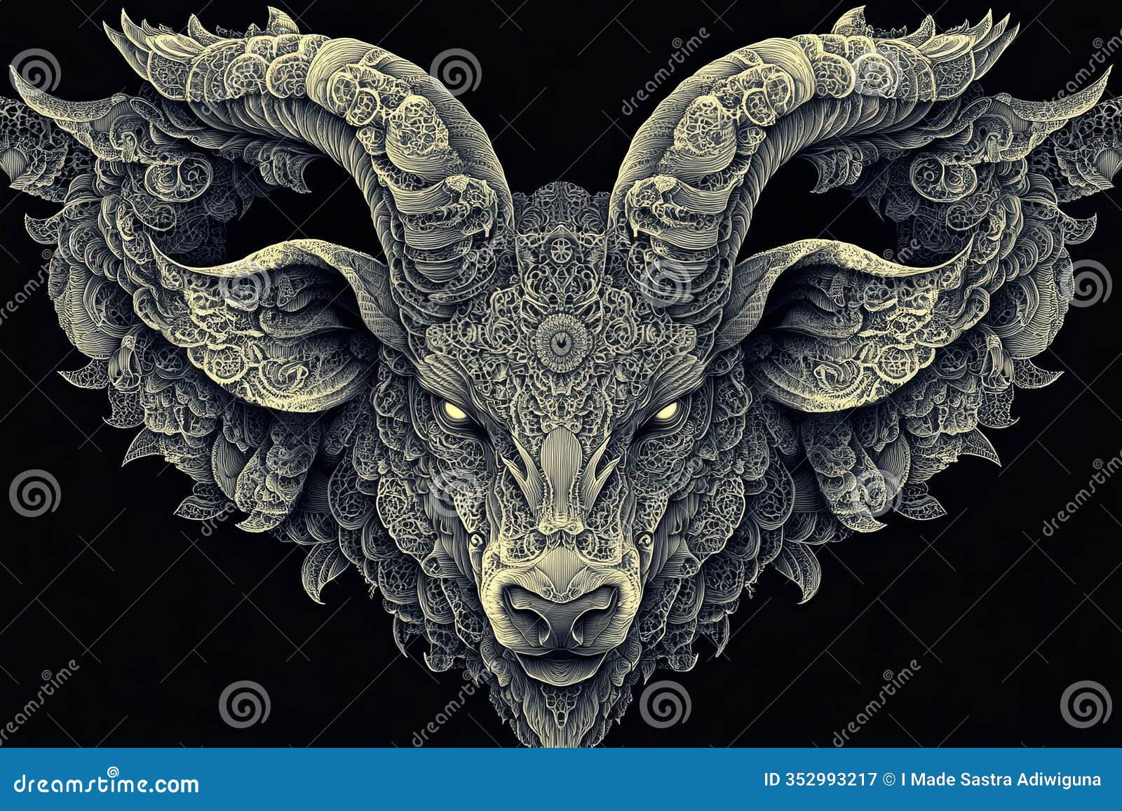 Intricate Ornate Ram Head, Detailed Design with Swirling Patterns, Dark ...