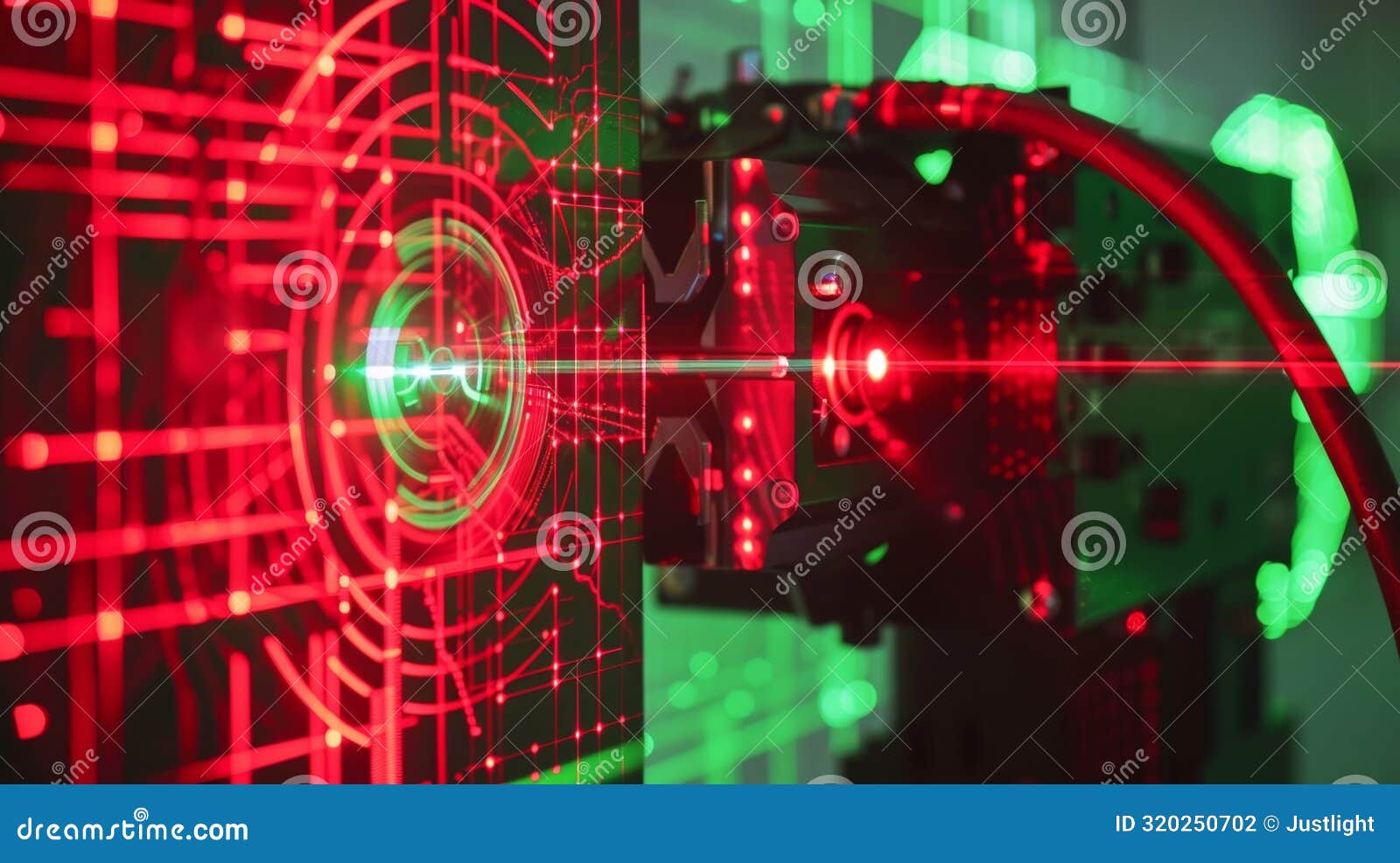 The Intricate Pattern of Bright Red and Green Laser Beams Emitting from ...