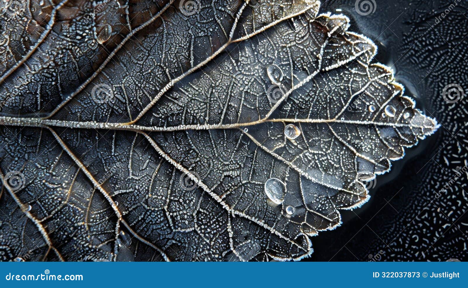 Intricate Patterns Of White Ice Etched Onto A Glossy Dark Leaf Surface ...