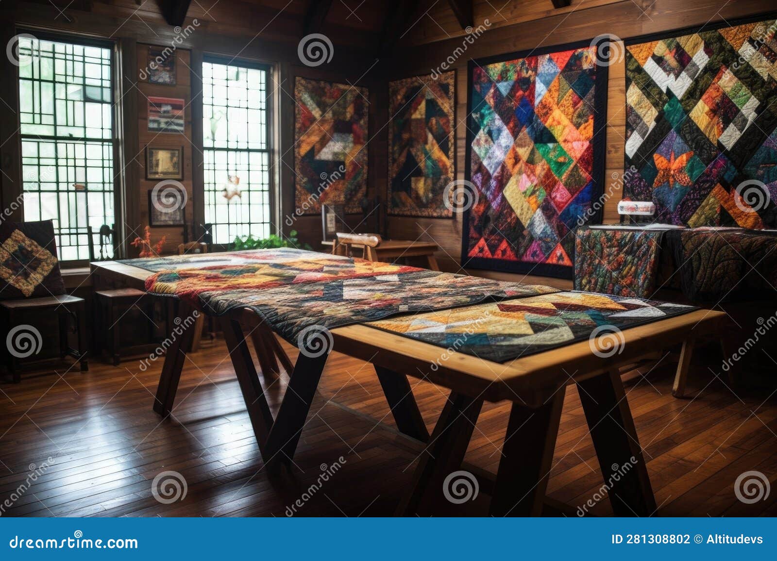 Intricate Quilt Patterns Displayed on a Wooden Table Stock Illustration ...