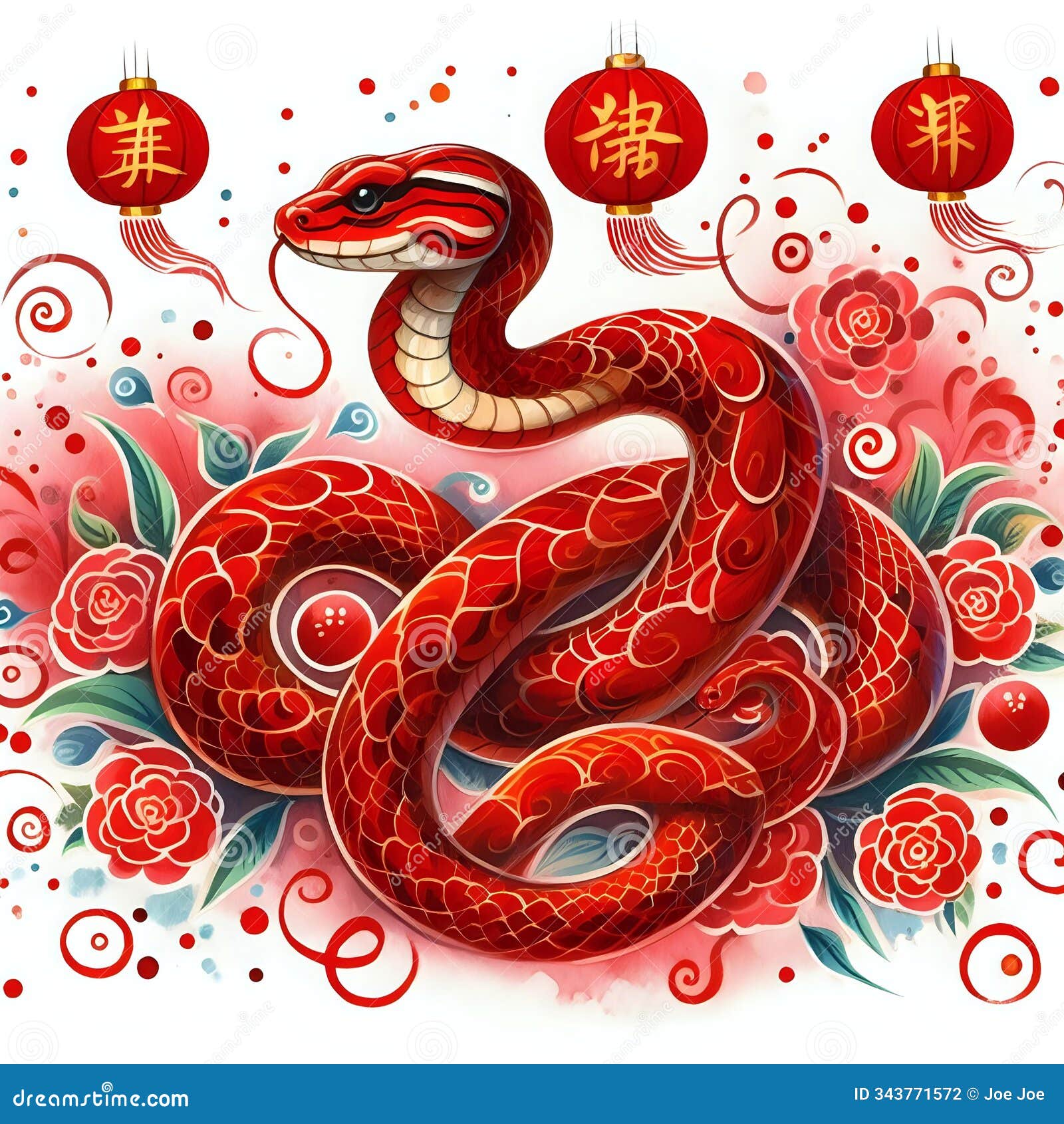 Intricate Red Snake with Floral Elements and Lantern Stock Illustration ...