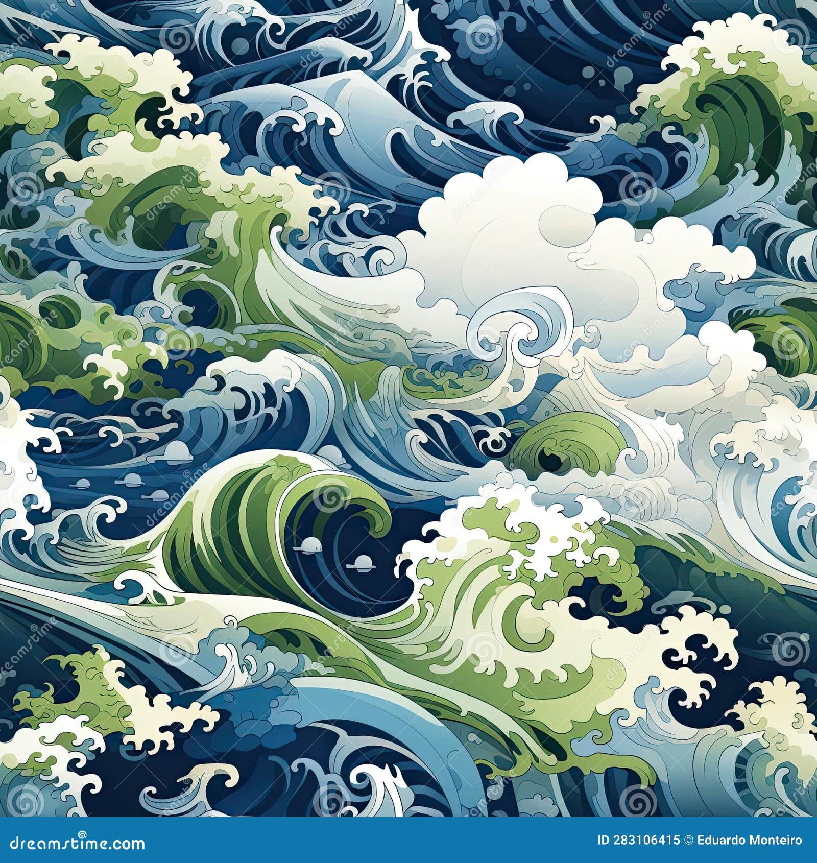 Intricate Sea Wave Pattern with White Clouds and Tropical Plants (tiled ...