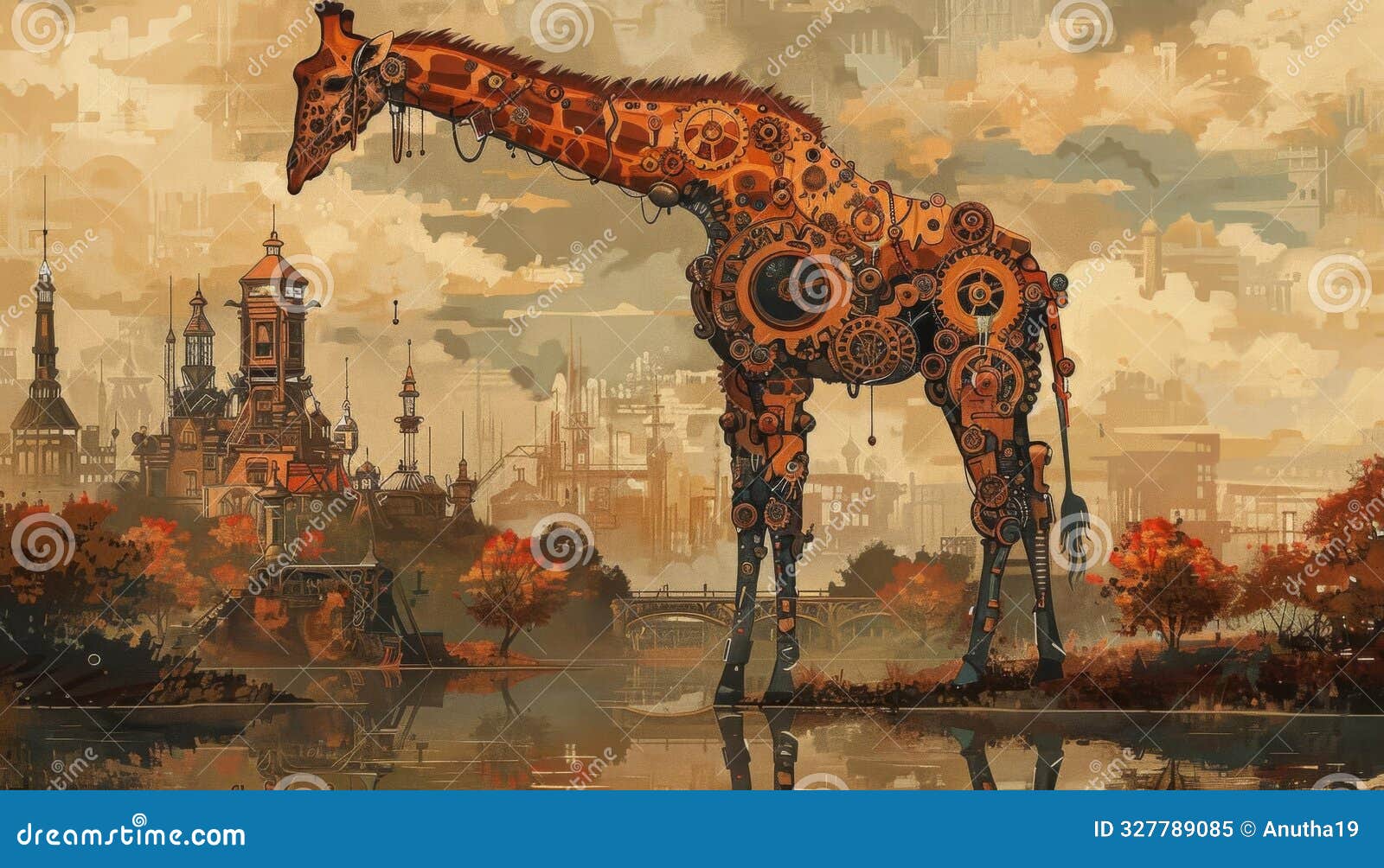 Intricate Steampunk Giraffe in Victorian Setting Stock Illustration ...