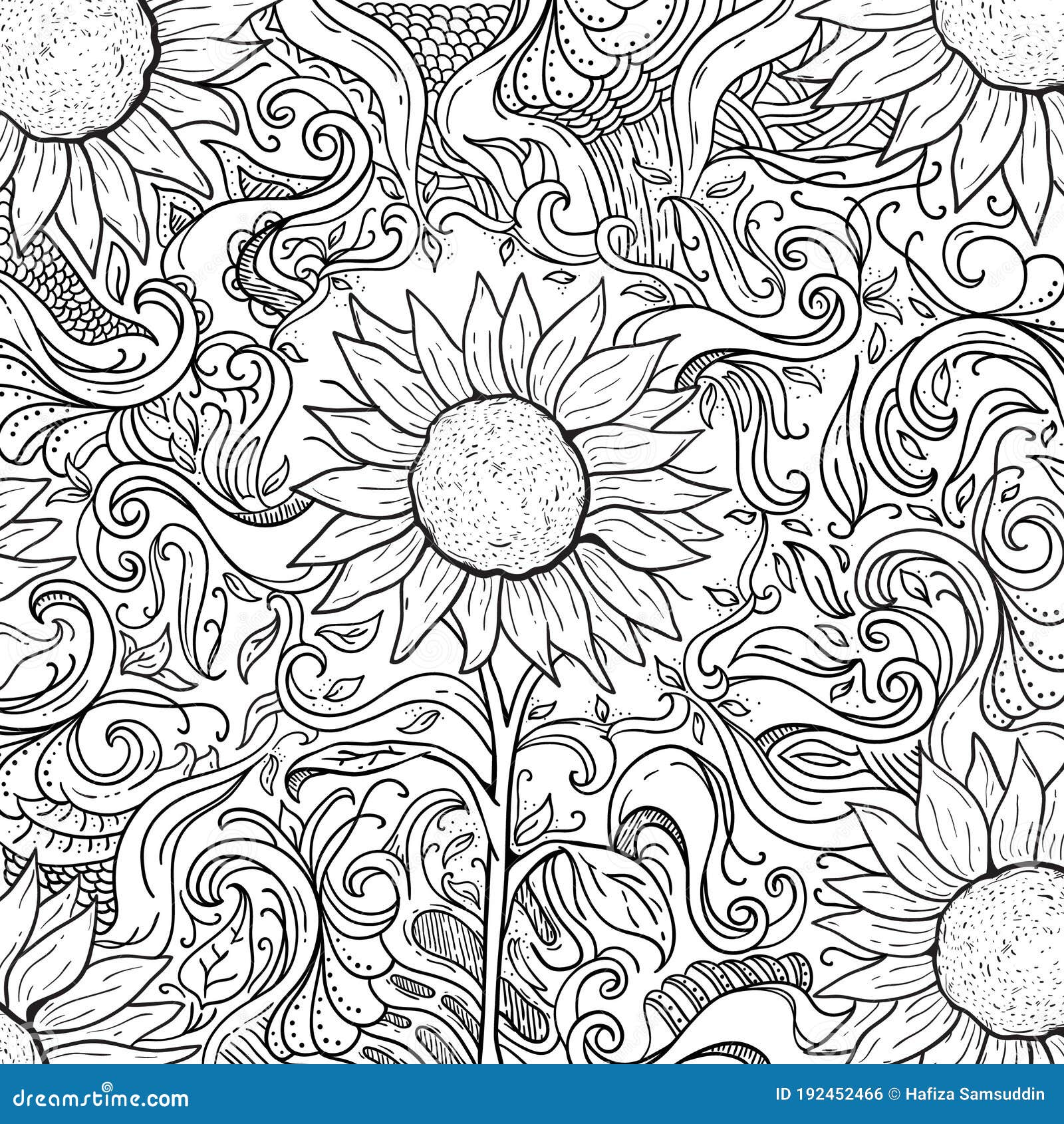 Intricate Sunflower Coloring Page For Adults Stock Illustration ...