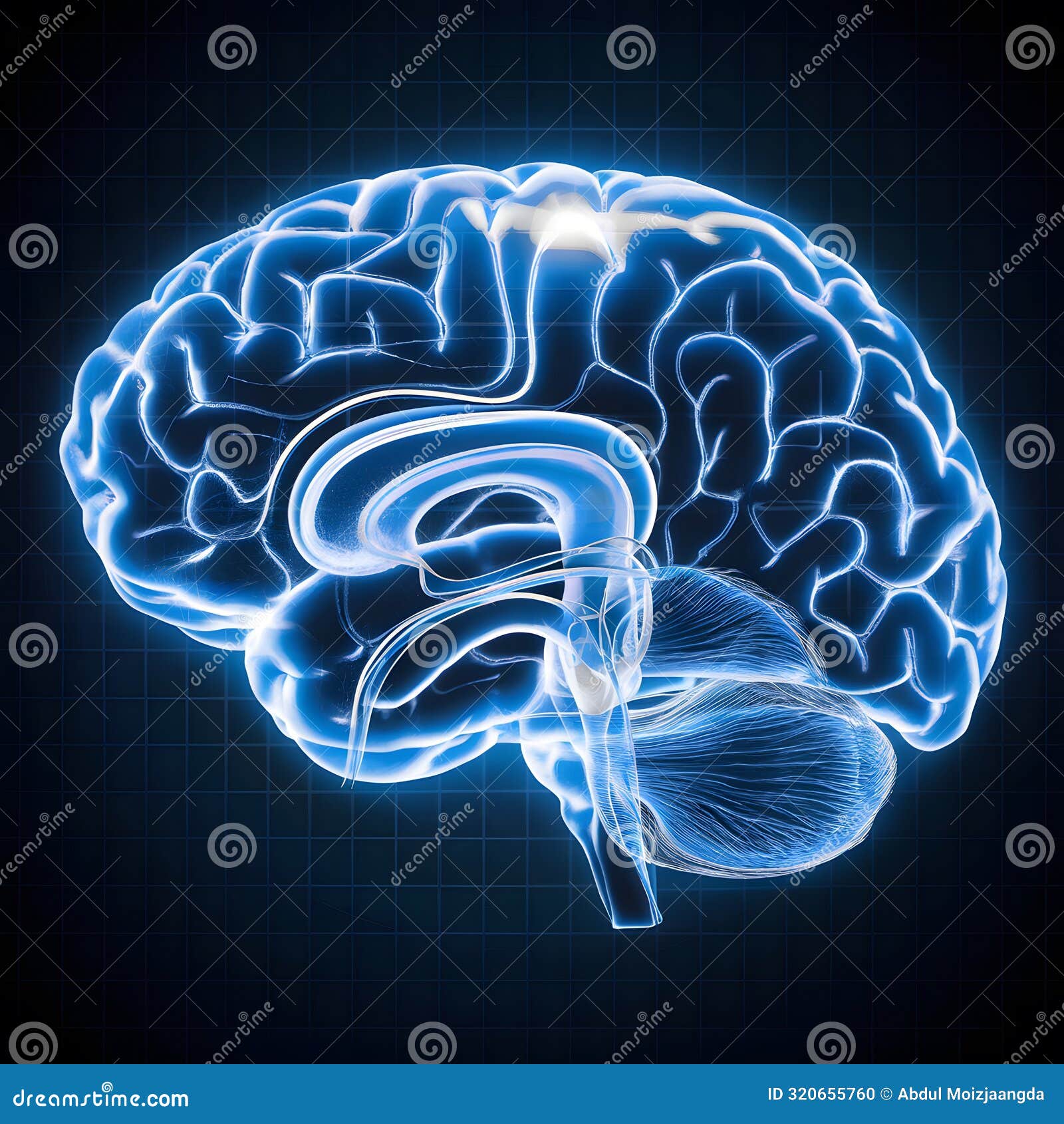 Intricate, Translucent Human Brain Against Grid, Highlighted in Blue ...