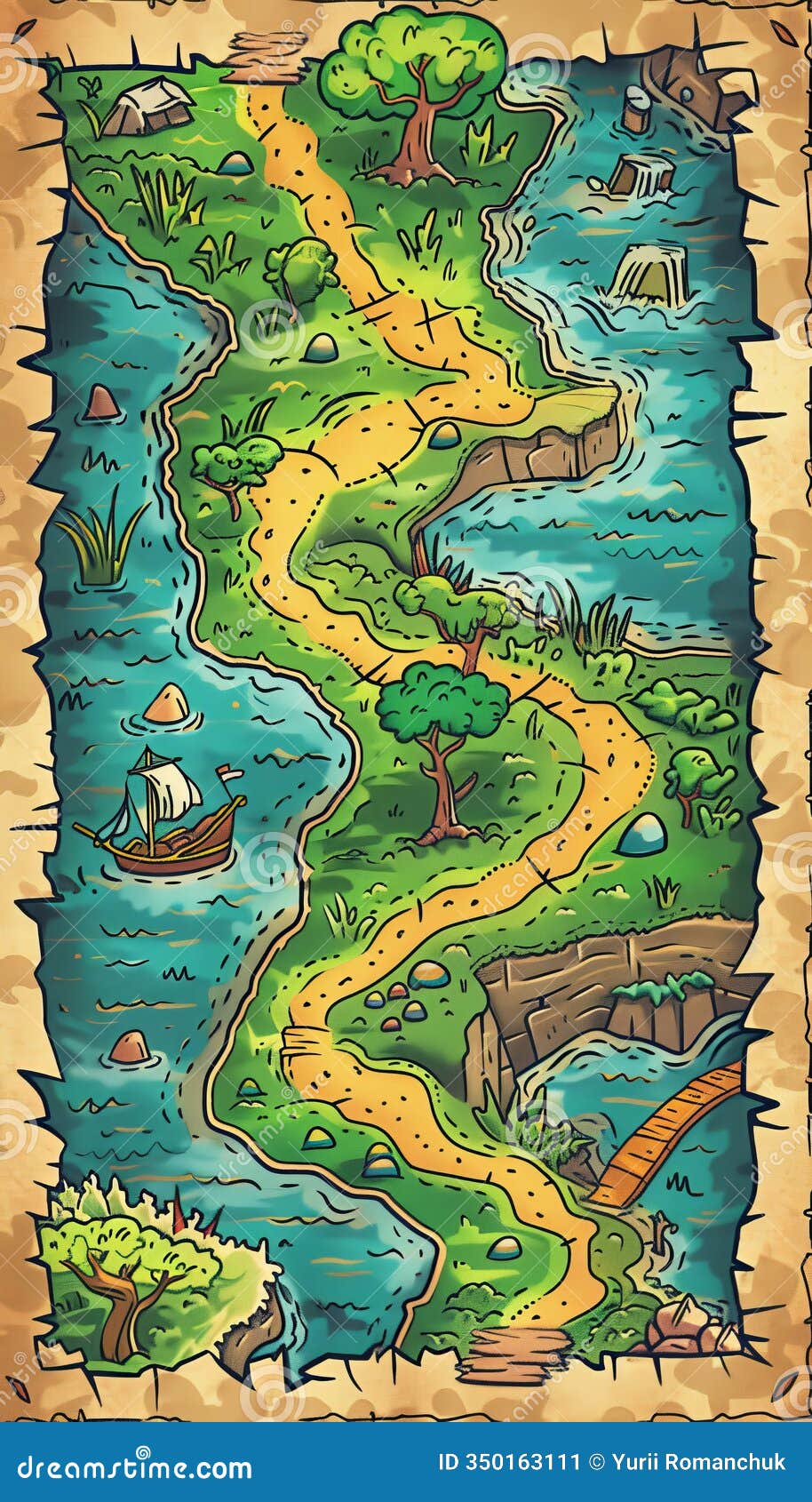 Intricate and Vibrant Treasure Map Illustration Featuring Paths, Trees ...