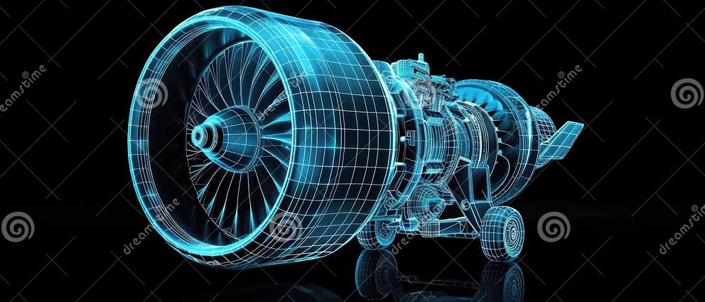 Intricate Wireframe Digital Illustration of a Jet Engine, Highlighting ...