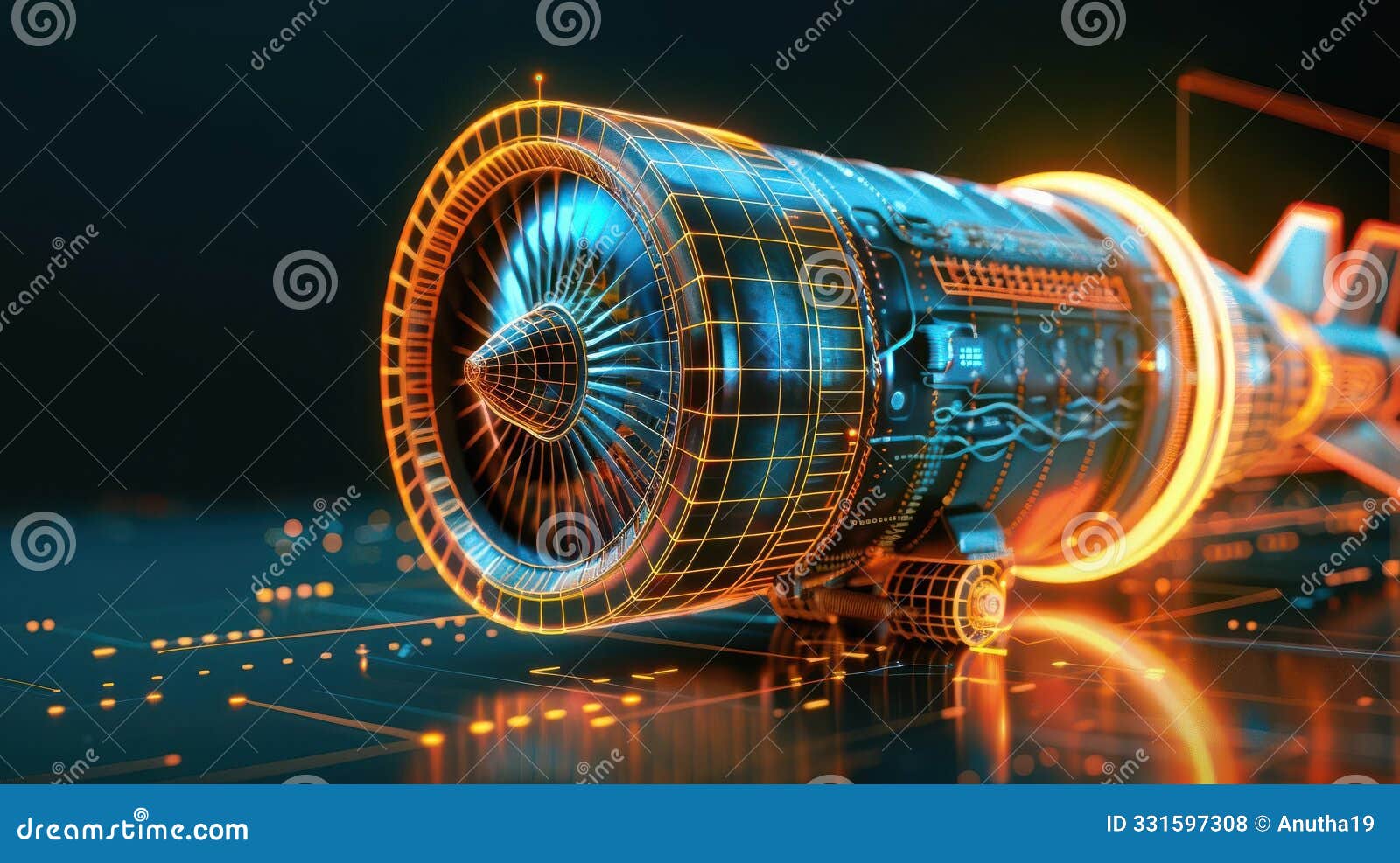 Intricate Wireframe of Jet Engine, Glowing Lines, Futuristic Design ...