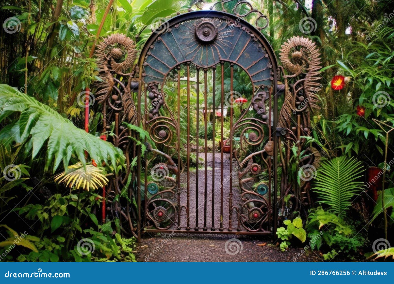 Intricate Wrought Iron Gate in a Lush Garden Stock Photo - Image of ...